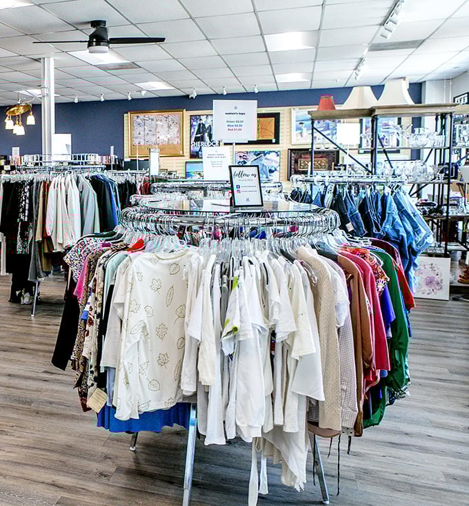 Racks upon racks of possibility! The clothing section offers everything from everyday basics to special occasion finds, all neatly organized by size.
