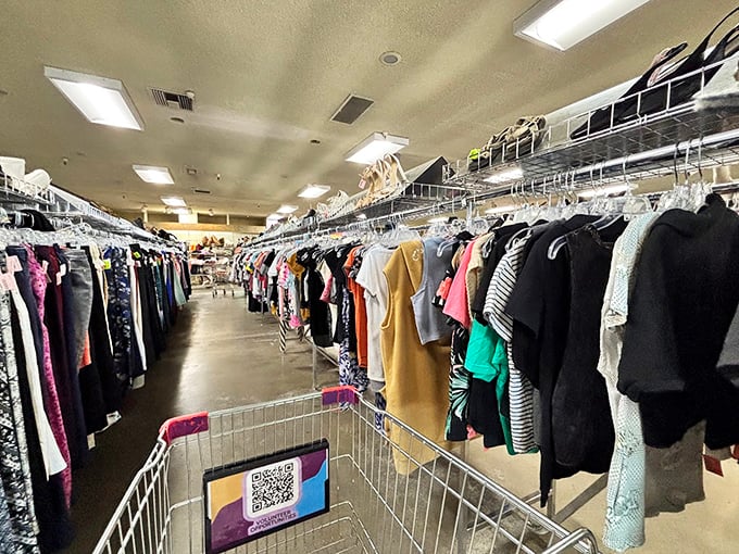 Racks upon racks of clothing create a textile rainbow, where yesterday's fashion finds tomorrow's appreciation at fraction of the cost.
