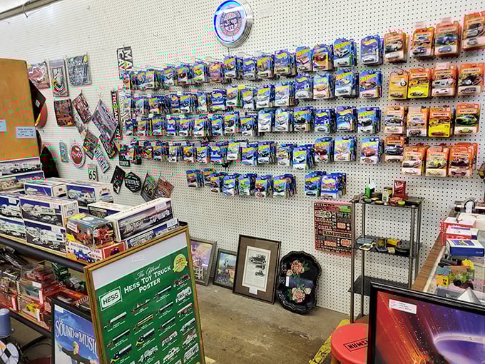 Hot Wheels heaven! This collector's paradise showcases America's love affair with automobiles in miniature—each tiny vehicle carrying outsized memories for generations of kids.