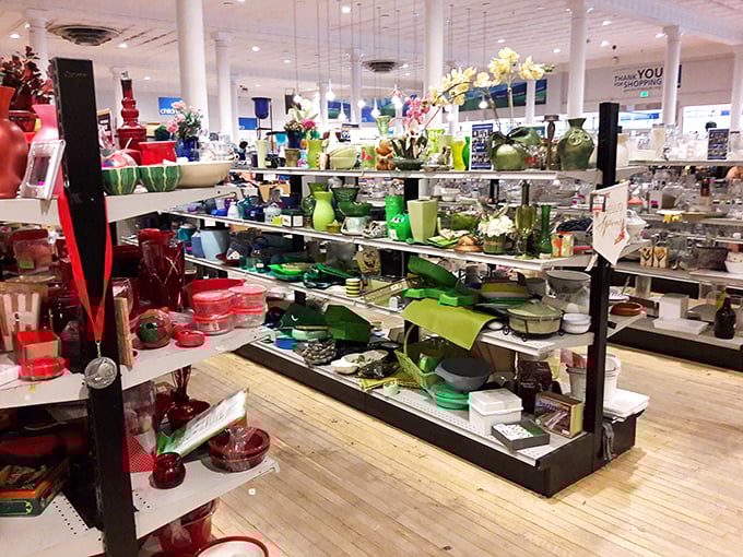 The housewares section organized by color creates an accidental art installation. Martha Stewart would approve of this chromatic symphony.