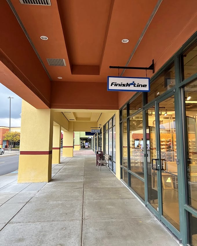 Finish Line's covered walkway offers shoppers protection from Wisconsin weather while the real storm happens inside—a downpour of deals.