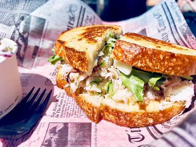 The famous crab sandwich isn't just generous—it's borderline excessive in the best possible way. Sourdough never had a more noble purpose.