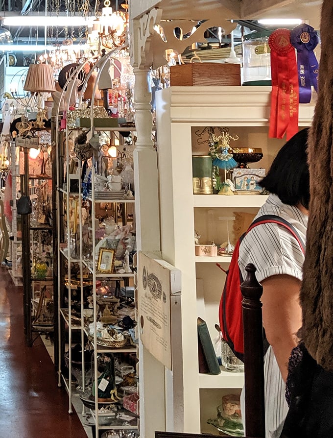 Treasure hunters in their natural habitat. The thrill of the find keeps shoppers scanning shelves where chandeliers dangle and memories wait to be rediscovered.