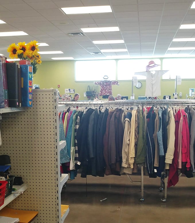 Racks of jackets tell silent stories of previous lives—that leather bomber might have seen a Bon Jovi concert or two in its day.