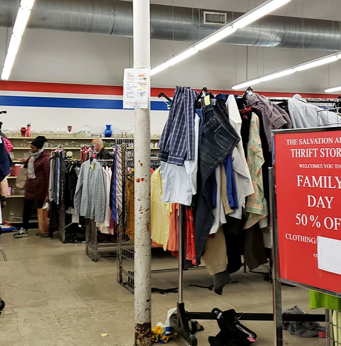 "Family Day" signs announce 50% off clothing—words that cause regular thrifters' hearts to beat faster than after a double espresso.