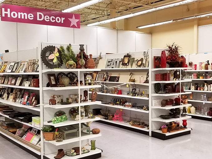 The home decor section: where yesterday's "Live, Laugh, Love" signs find tomorrow's ironic apartment walls. That ceramic rooster might just complete your kitchen!