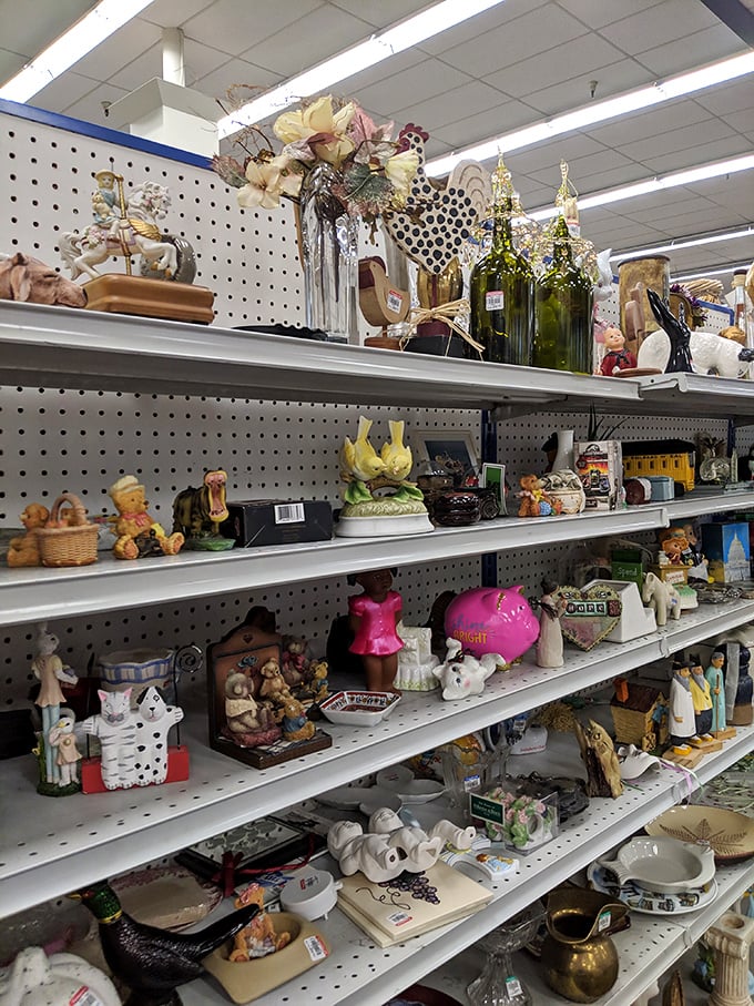 Knickknack heaven! One person's ceramic chicken collection becomes another's conversation starter. The decor aisle never disappoints.