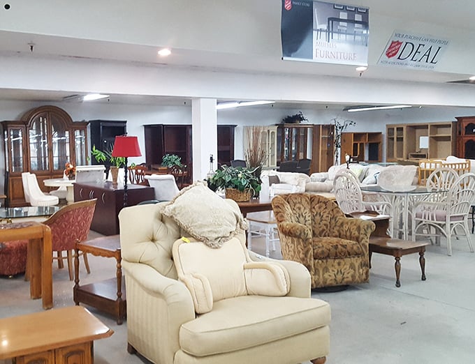 The furniture department resembles a living room convention, where comfortable chairs from different decades mingle in upholstered harmony.