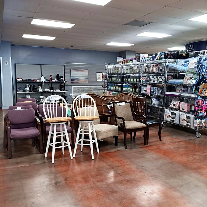 The furniture section showcases an eclectic collection of seating options – from bar stools to dining chairs – all priced for bargain hunters.