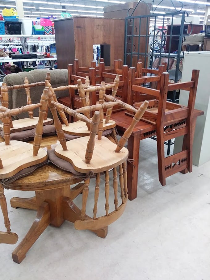 Furniture pieces standing at attention like a wooden army, each with stories to tell and rooms to furnish.