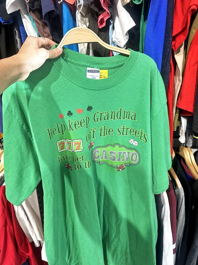 "Help keep Grandma off the streets" – this vintage tee represents the quirky humor treasures that make thrifting an adventure in unexpected laughs.