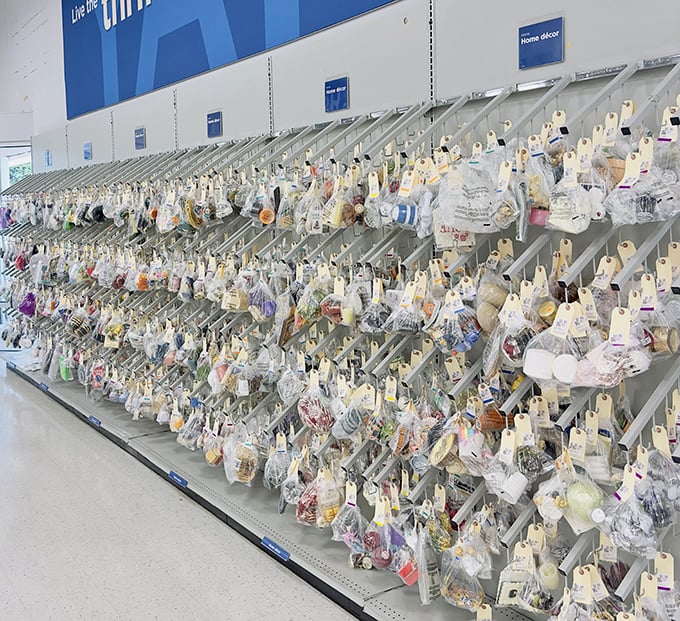 Home décor heaven with bagged treasures awaiting adoption. One person's "what was I thinking?" becomes another's "where have you been all my life?"
