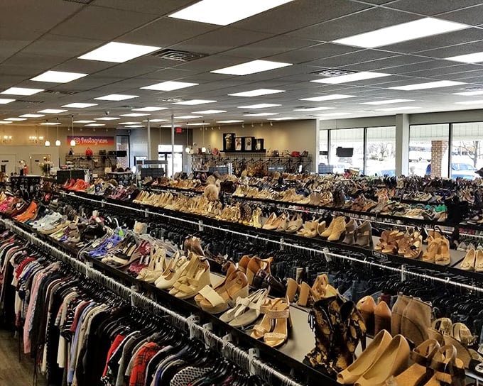 A shoe lover's dream realized – row after glorious row of footwear arranged with the precision of a military parade but with much better style.
