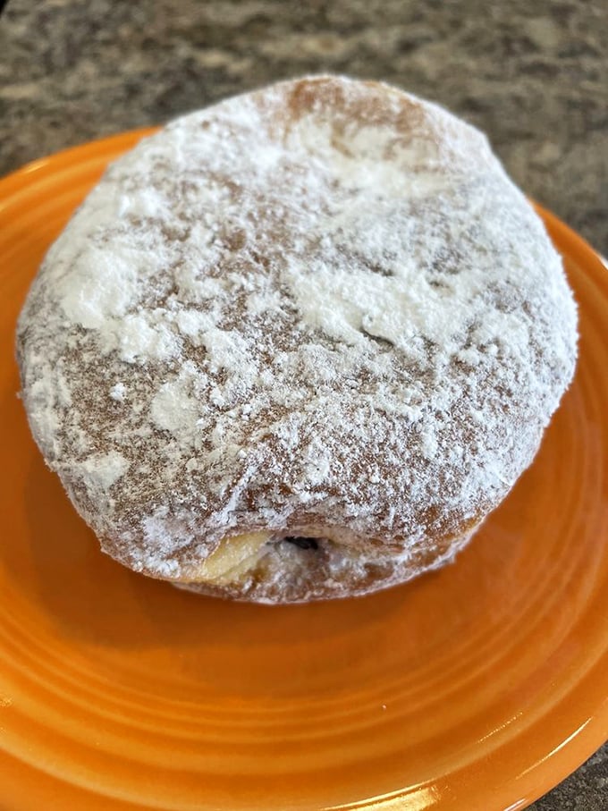 This powdered sugar-dusted masterpiece isn't just a donut—it's a snowcapped mountain of joy waiting to avalanche deliciousness into your mouth.