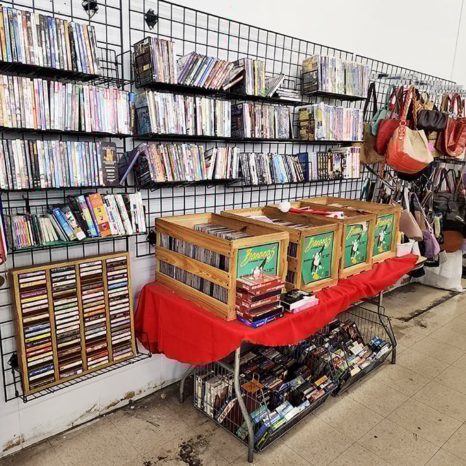 The media section: where forgotten DVDs and vintage VHS tapes create a time capsule of entertainment history that Netflix can't replicate.