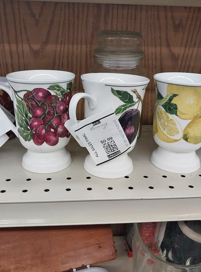 These fruit-adorned mugs at 99 cents each aren't just vessels for coffee—they're morning pep talks disguised as kitchenware.