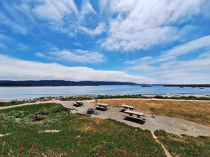 Nature's picnic area with the best view in town. These tables aren't just furniture – they're front-row seats to the Pacific's endless performance.