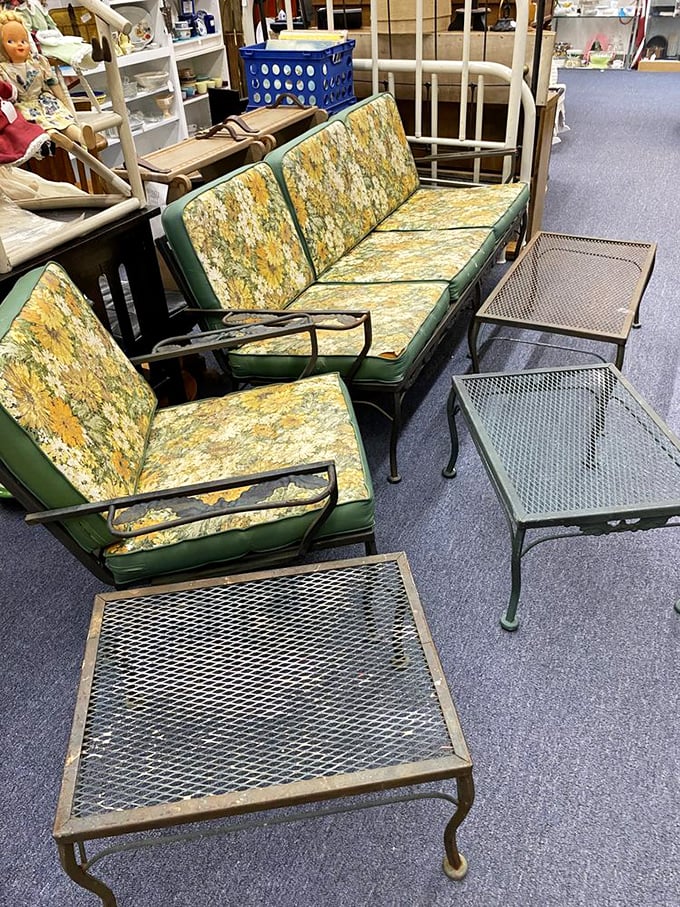That floral patio set isn't just furniture; it's a ticket to 1965, when lemonade tasted sweeter and neighbors actually knew each other.
