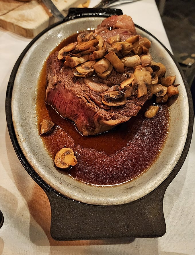 Roast beef and mushrooms: a pairing as classic as Bogart and Bacall. The slow-roasted beef melts into its own rich, savory juices.