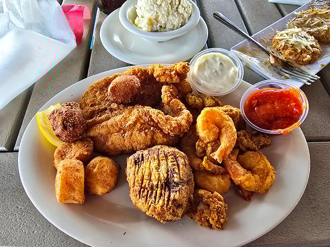 A seafood platter that requires strategic planning to conquer—like a delicious game of chess where every golden-fried piece is a winner.