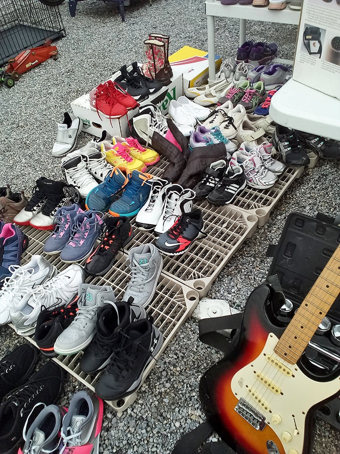 A footwear free-for-all where sneakerheads and practical shoppers alike can find their solemates without the mall markup. That guitar's just waiting for its Eddie Van Halen moment.