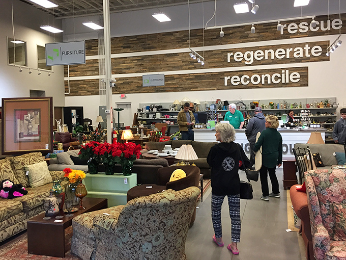 The store's mission is spelled out above: rescue, regenerate, reconcile. These aren't just words on a wall—they're the philosophy behind every carefully curated item.