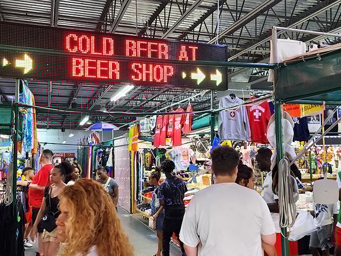 Follow the neon sign to cold beer—because nothing complements bargain hunting like a refreshing pit stop among fellow treasure seekers.