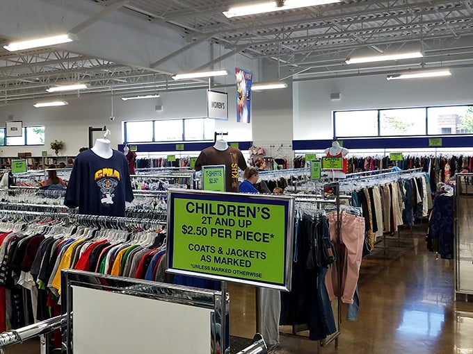 Racks upon racks of possibility—the clothing section stretches like a textile ocean where designer labels occasionally hide among everyday brands.
