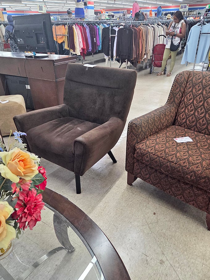 Modern meets vintage in the seating section. That brown chair isn't just furniture—it's your next reading nook's best friend.