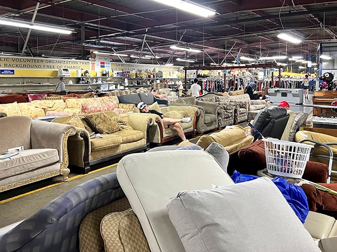 The couch department resembles a living room showroom from every decade. That floral pattern sofa might just be the statement piece your Netflix marathons have been missing.
