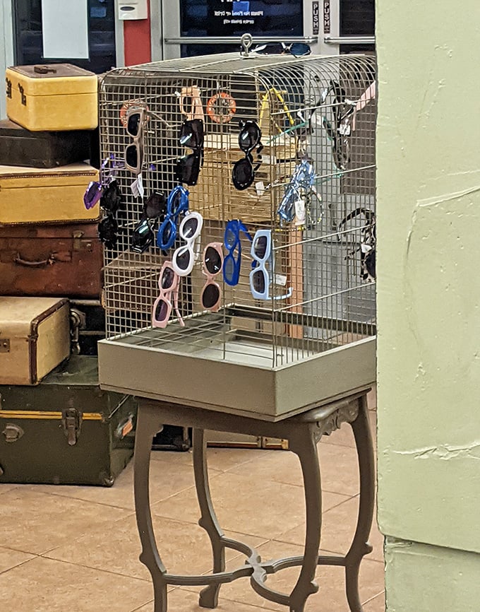 A vintage birdcage repurposed as sunglasses display – because even your accessories deserve stylish housing.