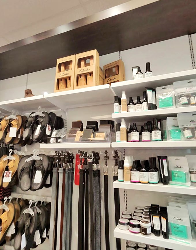 Clarks offers more than just comfortable footwear—their accessories wall proves style and practicality aren't mutually exclusive concepts.