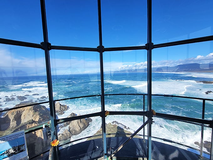 From the lantern room, the panoramic vista unfolds like nature's IMAX—a 360-degree spectacle of crashing waves and rugged coastline.