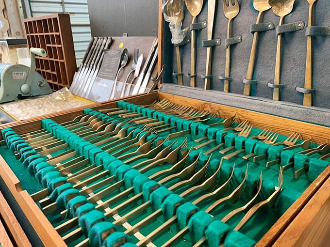 Vintage flatware arranged with military precision—because even treasure hunting deserves its own kind of elegance.