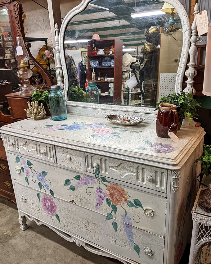 This isn't just a dresser—it's botanical artistry on furniture. Grandmother's vanity gets a glow-up that would make any Instagram influencer jealous.