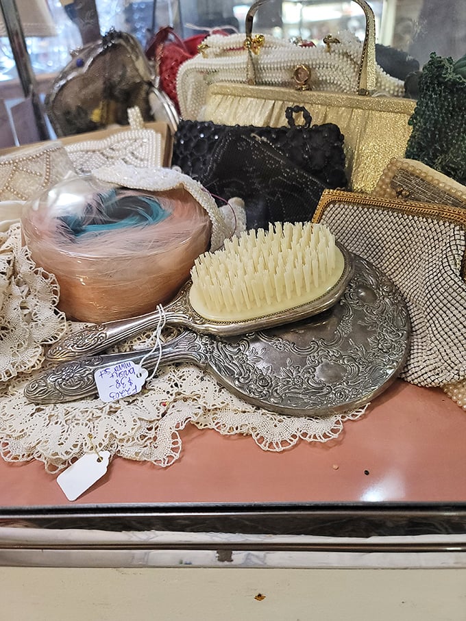 Grandmother's vanity table comes alive in this collection of silver-plated brushes and beaded purses—elegance from an era when getting ready was an event.