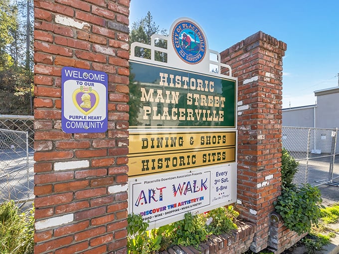 Brick pillars announce you've arrived somewhere special – Placerville's Historic Main Street welcomes visitors with small-town charm and a Purple Heart designation.