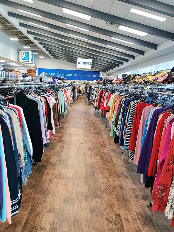 The women's department stretches toward the horizon like a fashion runway for the budget-conscious, where yesterday's trends await their comeback moment.