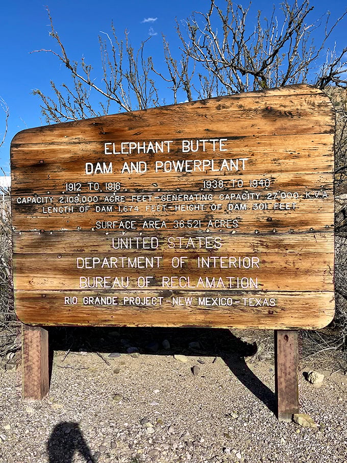 History carved in wood – this sign tells the tale of how humans tamed the Rio Grande and created New Mexico's aquatic playground.