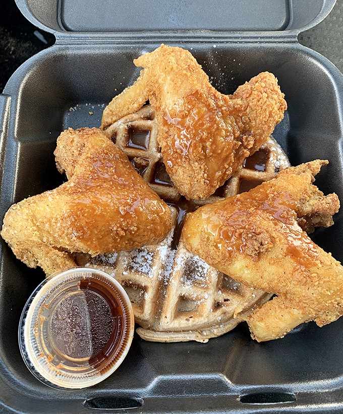 Chicken and waffles drizzled with sweetness and served with syrup—breakfast, lunch, or dinner, this combination never gets old or boring.