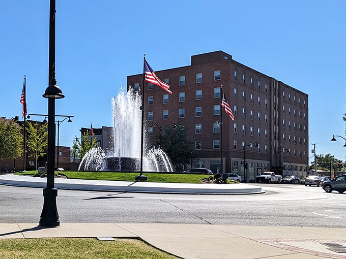 Belleville's historic buildings stand proudly against a clear blue sky, monuments to craftsmanship that's stood the test of time.
