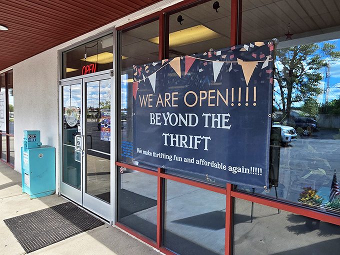 Beyond the Thrift's cheerful storefront banner announces that this place truly offers "more than a thrift store" experience.