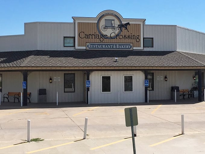 Carriage Crossing's rustic exterior reflects its Amish country roots. Those cinnamon rolls inside? Pure heaven on a plate!