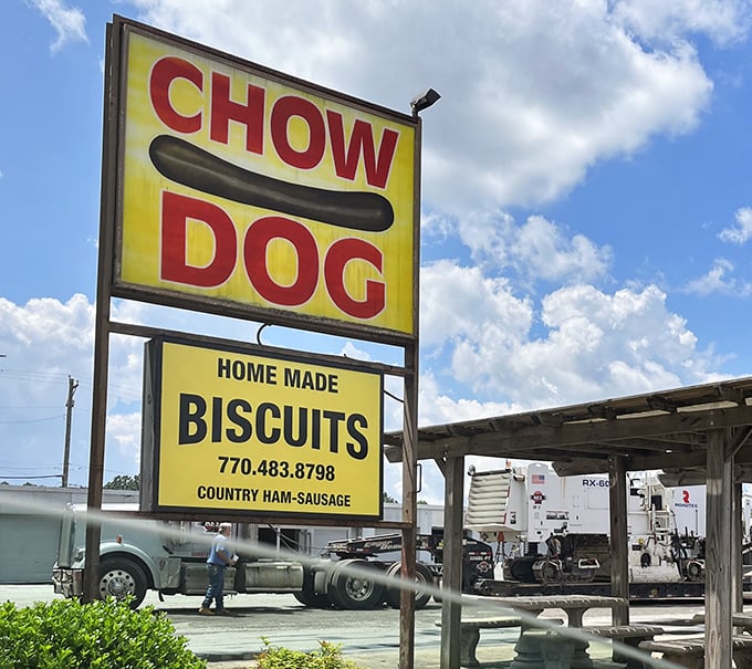 Nothing says "serious about hot dogs" quite like a bright yellow sign that stops traffic on the highway.