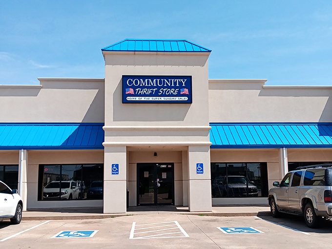 Clean lines and blue accents promise organized shopping without the usual thrift store treasure hunt chaos.