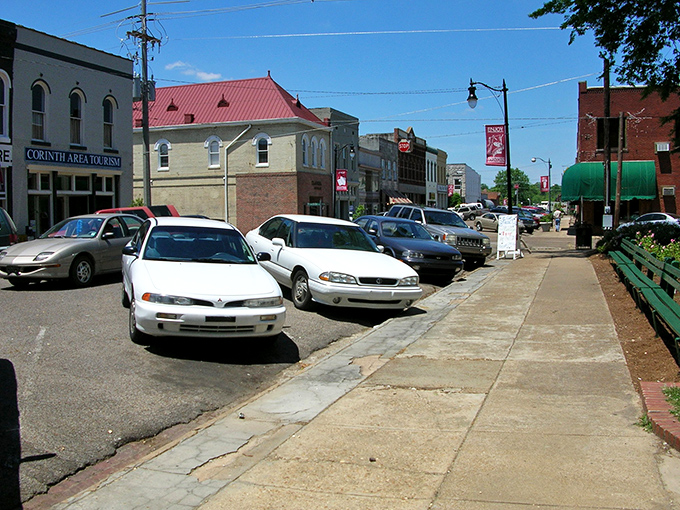 Corinth's downtown square invites evening strolls where the biggest decision is which bench offers the best people-watching.