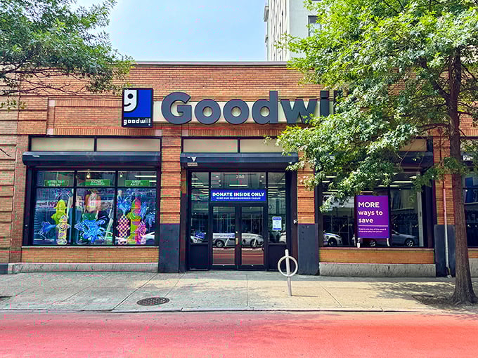 Goodwill's impressive Brooklyn facade hints at the massive selection of bargains hiding behind those welcoming glass doors.