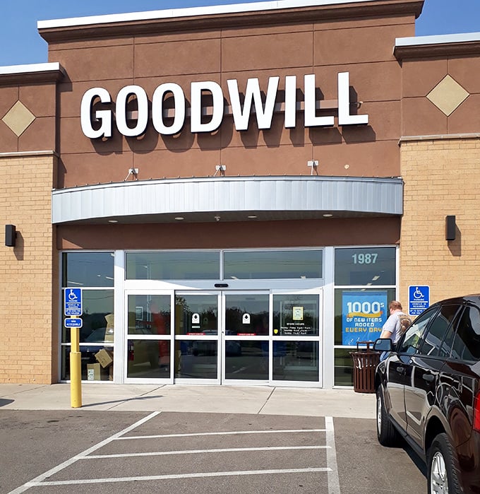 Goodwill's familiar signage stands proud against a clear blue sky – democracy in shopping form.