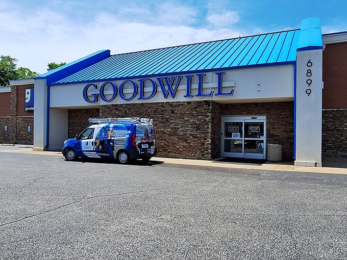 Memphis Goodwill's blue roof signals savings ahead, like a lighthouse for thrifty sailors.