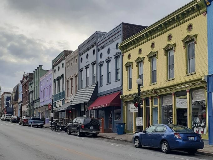 Harrodsburg's street lamps stand ready for evening, when the brick sidewalks cool and locals emerge for leisurely strolls.
